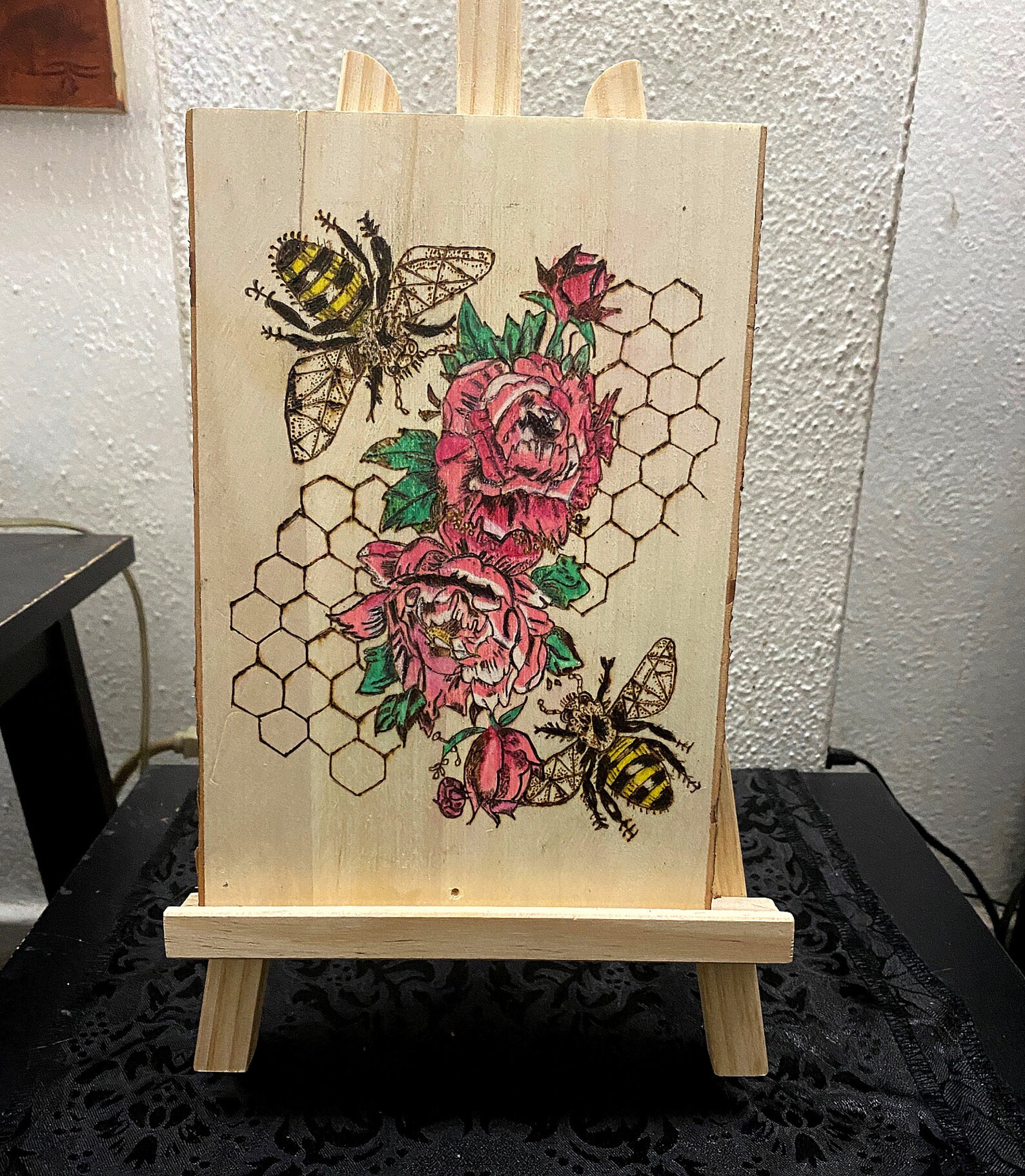 Pyrography/wood Burning Art Custom Bees With Honeycomb and Peonys - Etsy