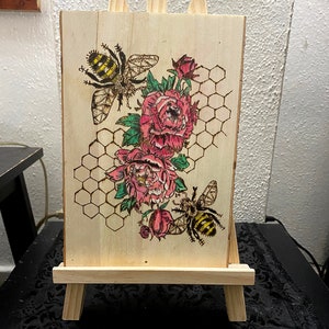 Pyrography/wood Burning Art Custom Bees With Honeycomb and Peonys - Etsy
