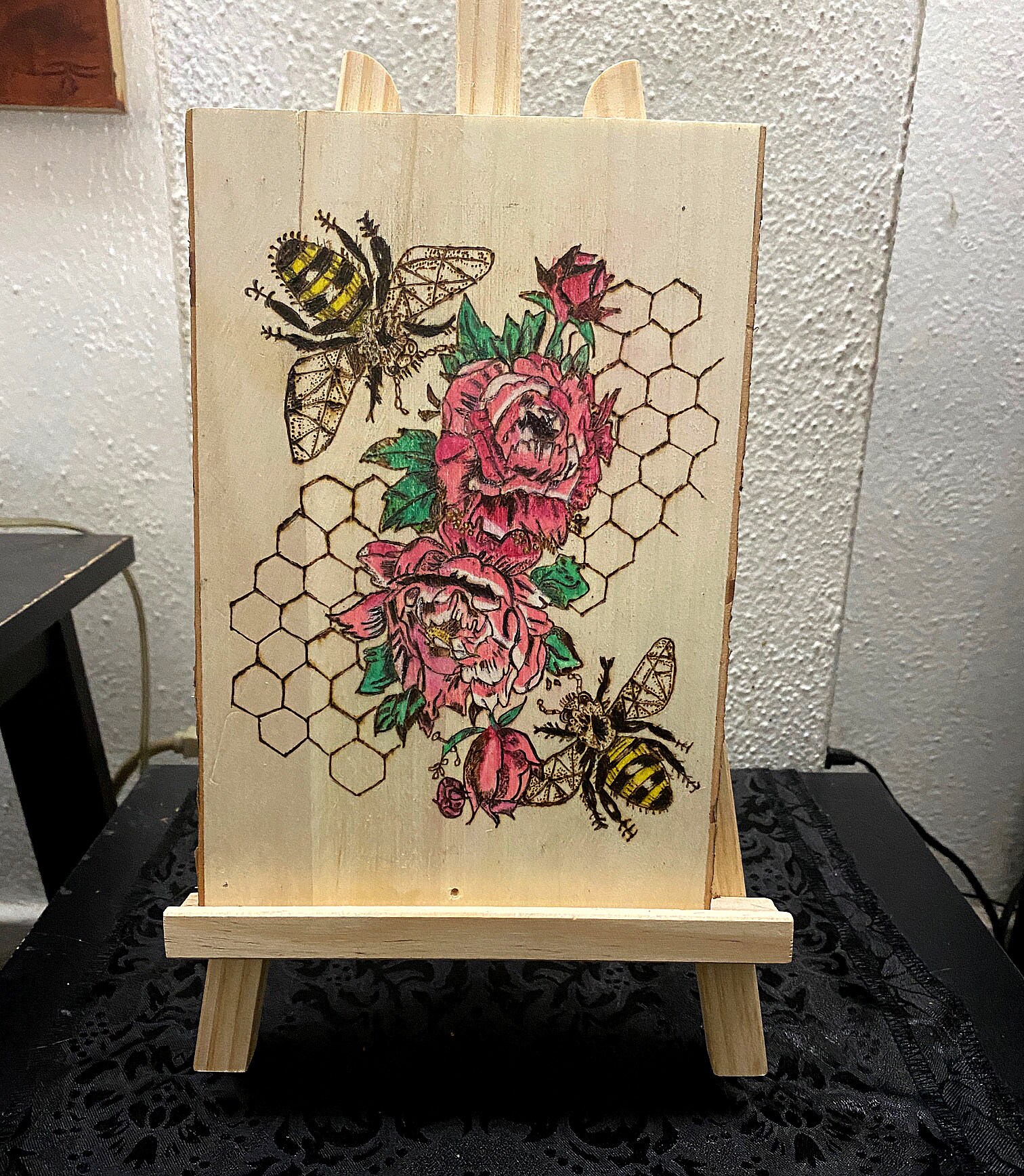 Pyrography/wood Burning Art Custom Bees With Honeycomb and Peonys - Etsy