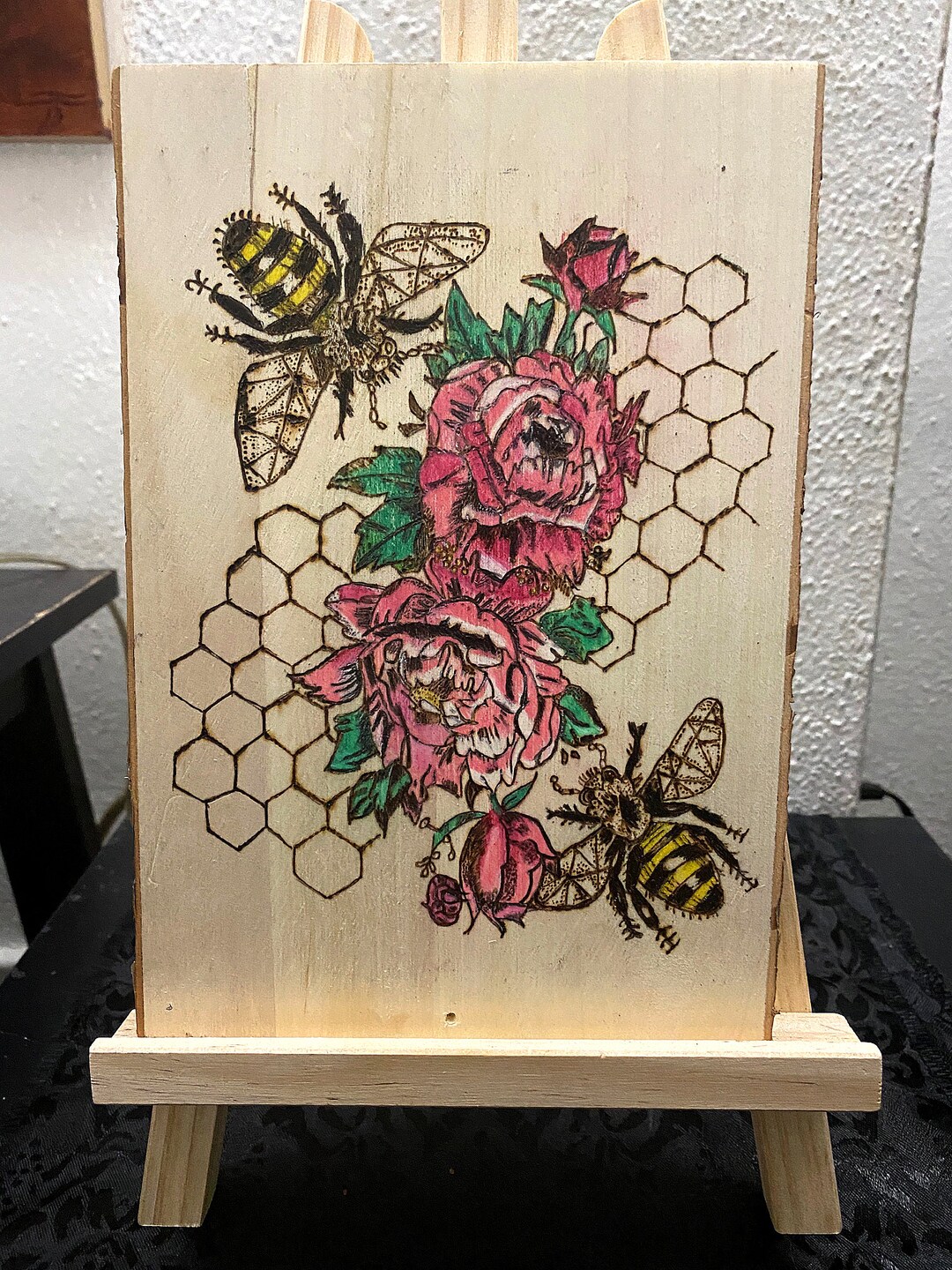 Pyrography/wood Burning Art Custom Bees With Honeycomb and Peonys - Etsy
