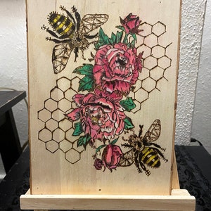 Pyrography/wood Burning Art Custom Bees With Honeycomb and Peonys - Etsy