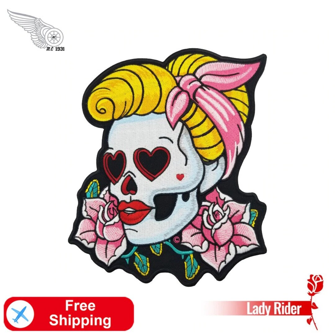 Pin up Patches Embroidered Skull Back Patch Loving Eyes Pink Rose for ...