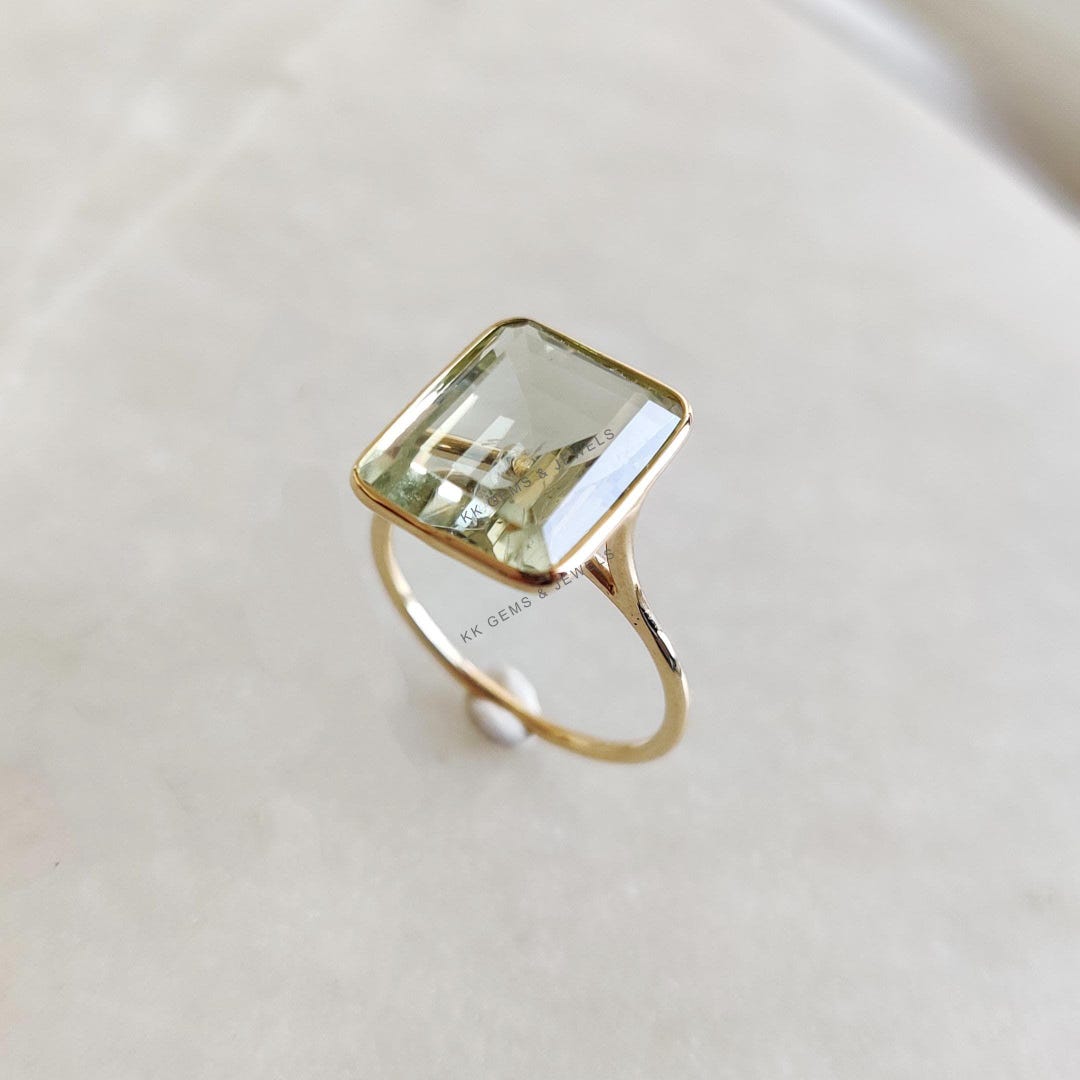 Natural Green Amethyst Ring, 14K Solid Yellow Gold Amethyst Ring, Bezel ...