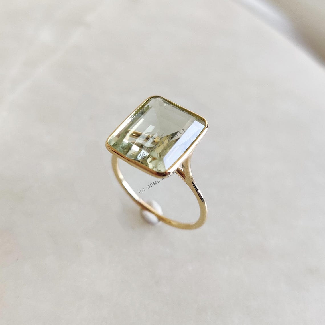 14K Solid Gold Natural Green Amethyst Ring: Octagon Bezel Ring ...