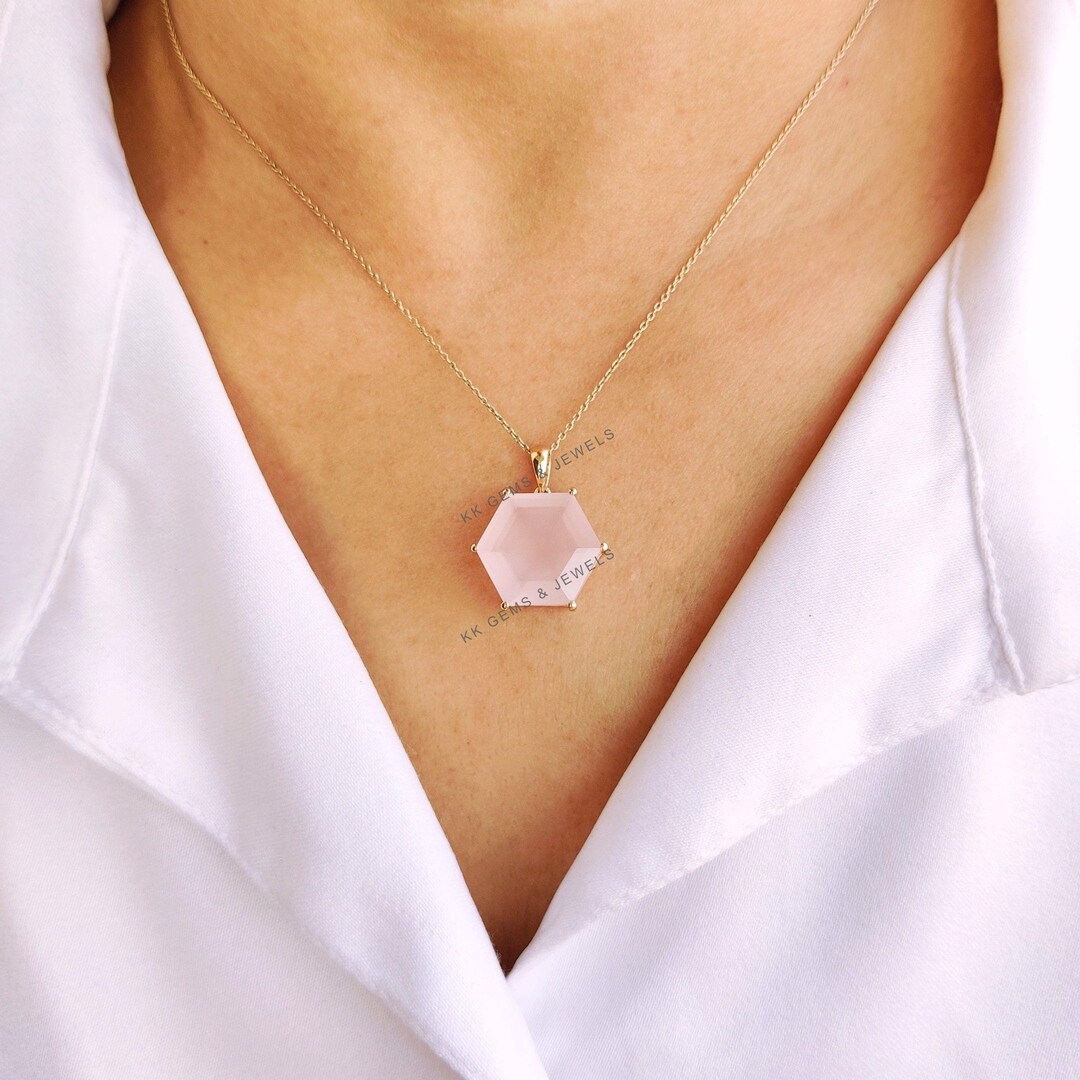 14K Gold Natural Rose Quartz Pendant, Hexagon January Birthstone - Etsy