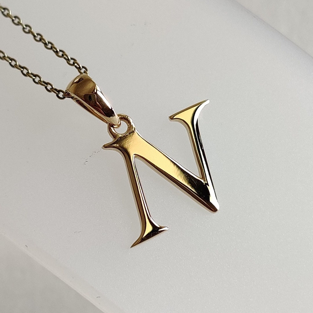 14K Gold Initial N Pendant, Solid Yellow Gold Initial N Charm Pendant ...