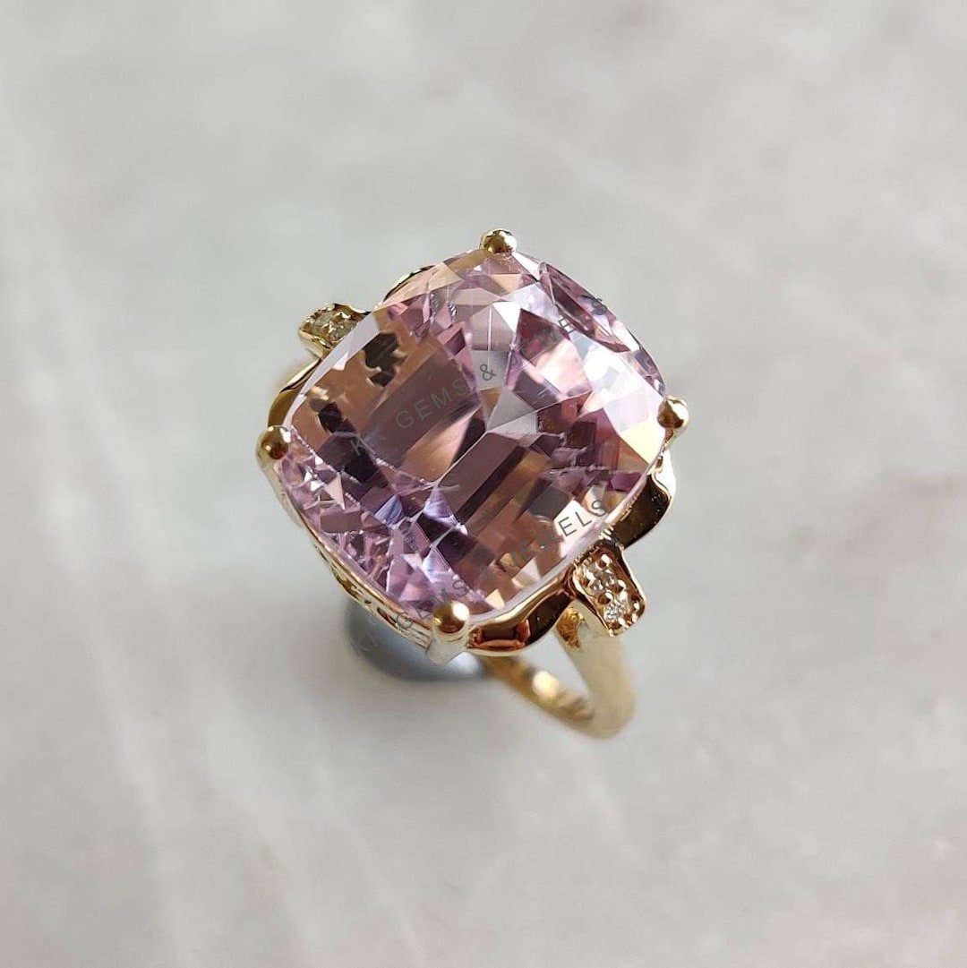 Natural Kunzite & Diamond Ring, 14K Solid Yellow Gold, February ...