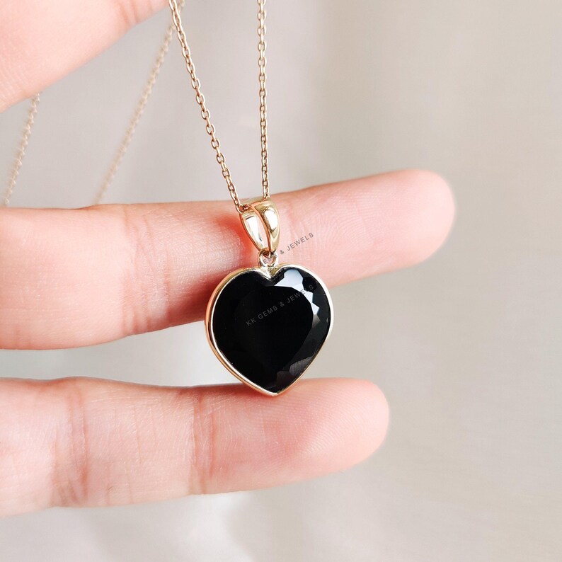 Natural Black Onyx Heart Pendant, 14K Solid Yellow Gold Pendant, Onyx ...