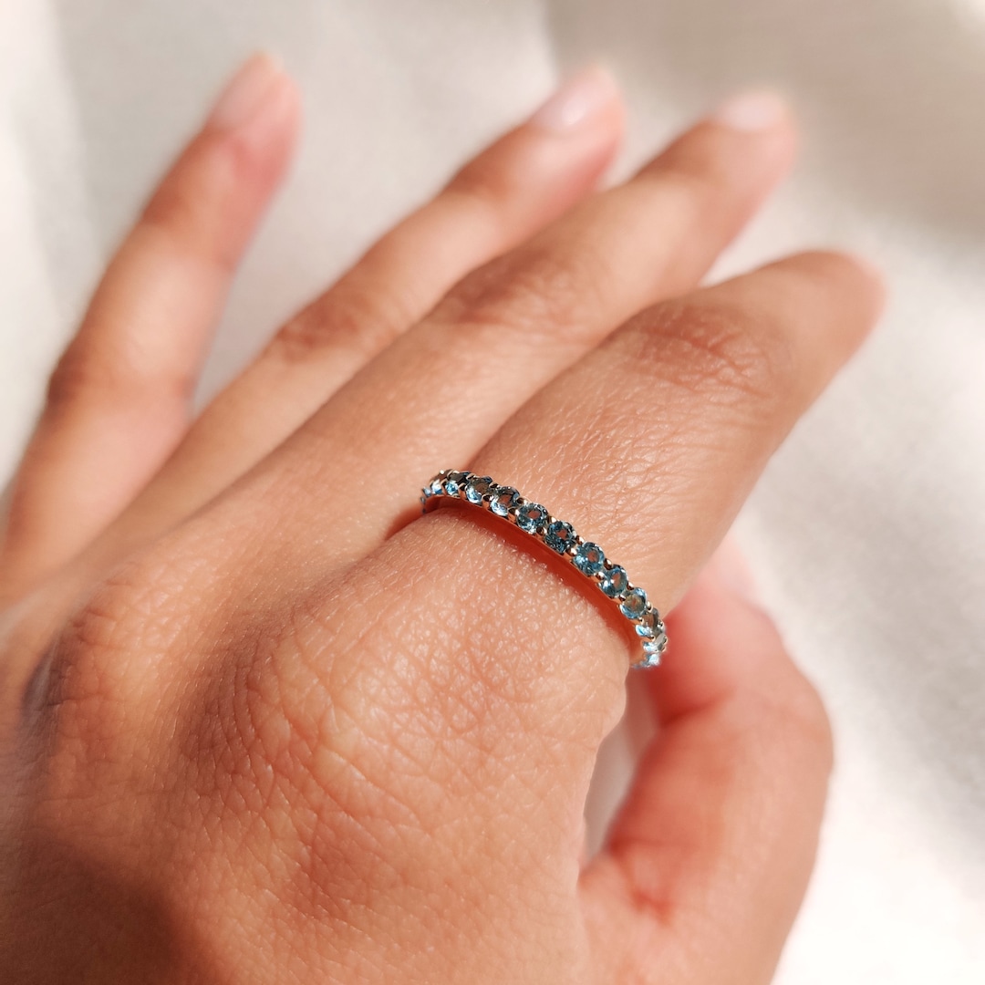 Natural Swiss Blue Topaz Eternity Ring, 14K Solid Yellow Gold Infinity ...
