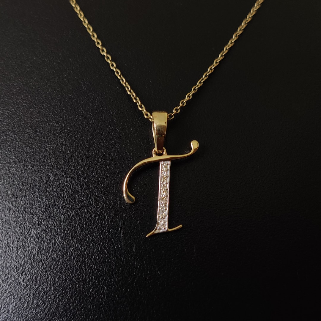 14K Gold Initial T Pendant, Solid Yellow Gold Initial T Charm Pendant ...