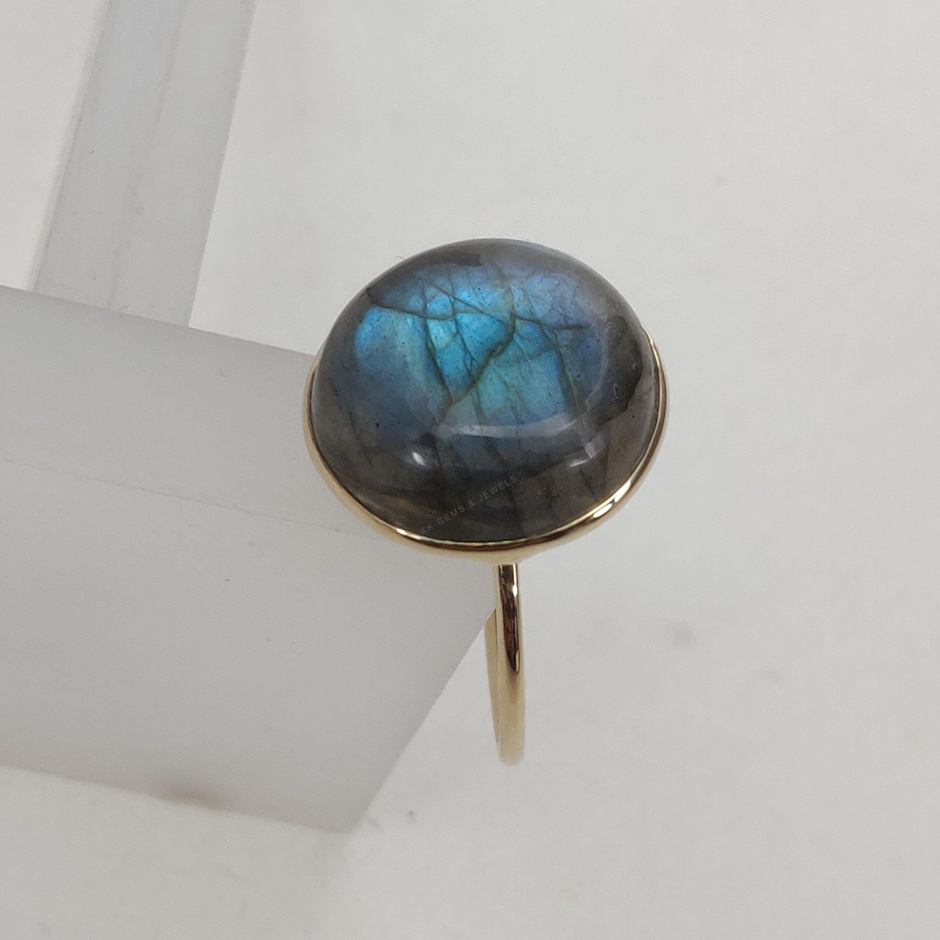 Natural Labradorite Ring, 14K Solid Yellow Gold Bezel Ring, Round ...