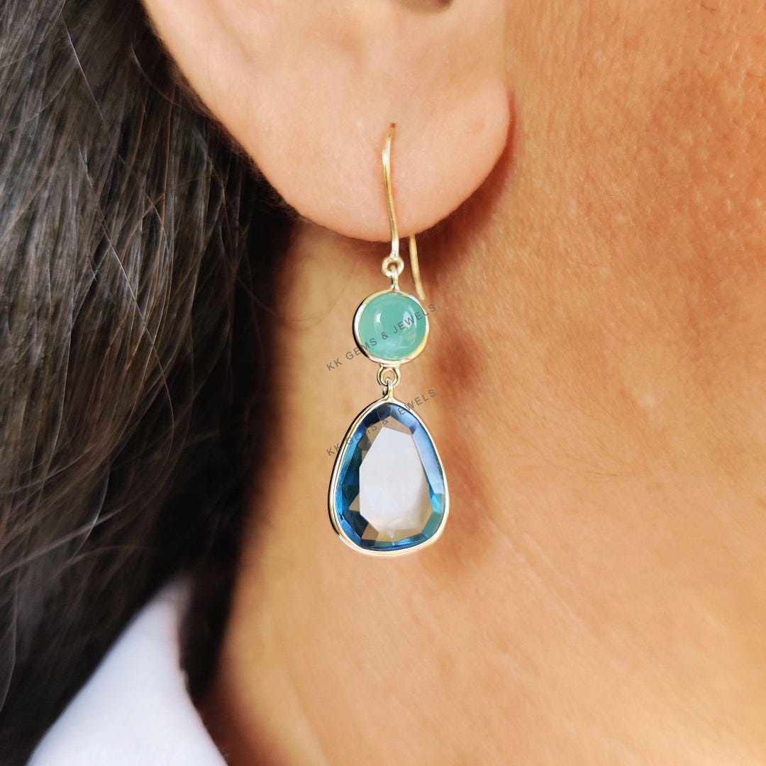 Sky Blue Topaz Chrysoprase Earrings, 14K Yellow Gold, December ...