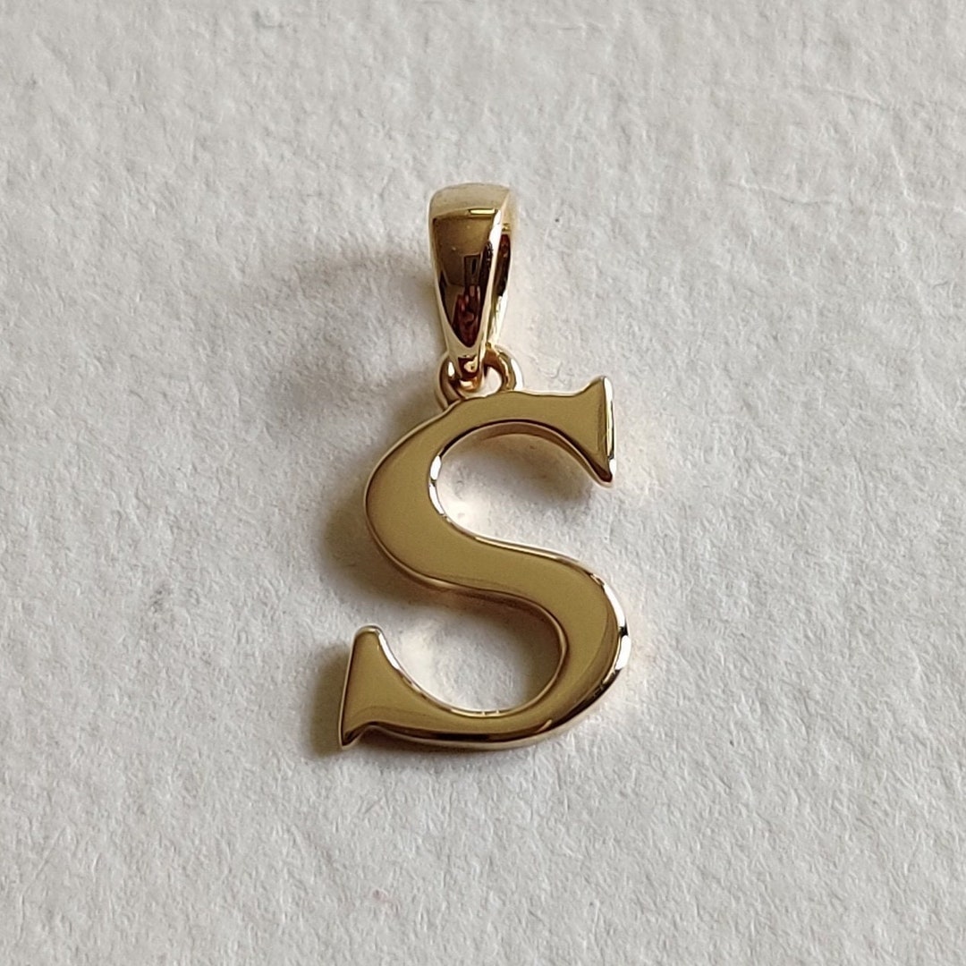14K Gold Initial S Pendant, Solid Yellow Gold Initial S Charm Pendant ...