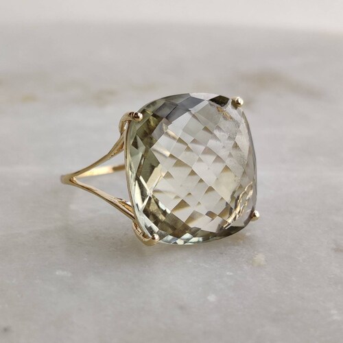 14K Yellow Solid Gold Gemstone Ring Natural Green Amethyst - Etsy
