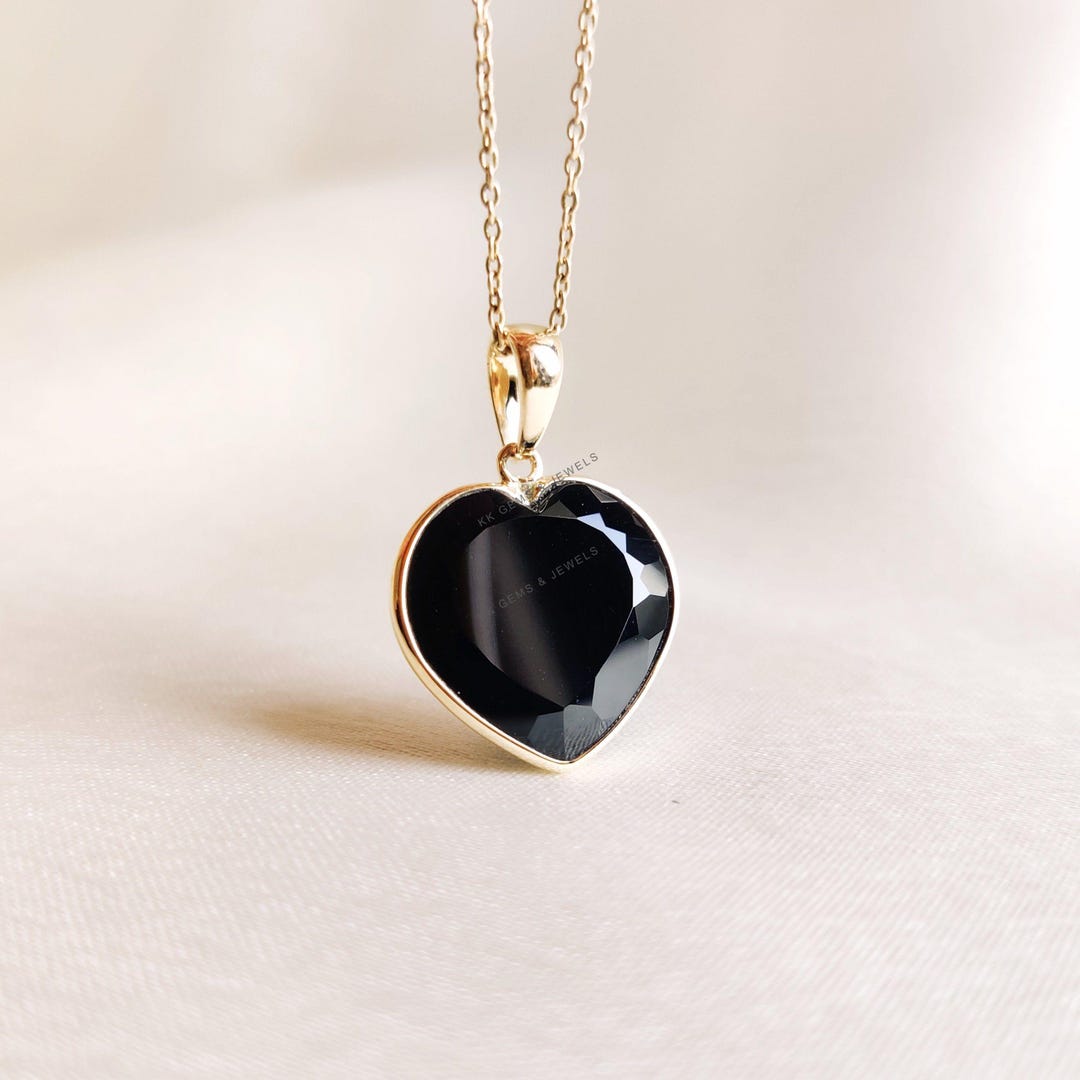 Natural Black Onyx Heart Pendant, 14K Solid Yellow Gold - Etsy