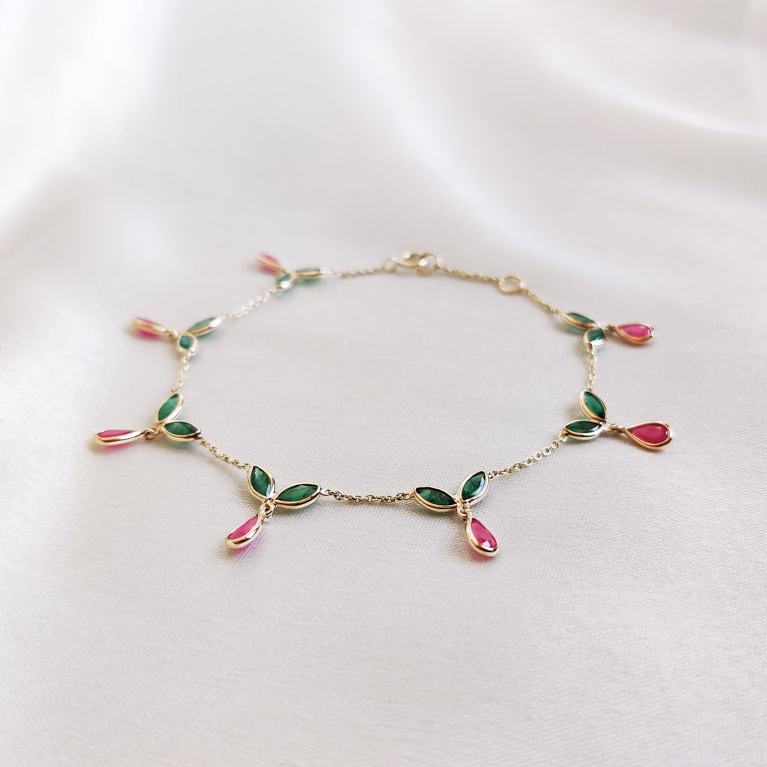 Natural Ruby & Emerald Bracelet, 14K Solid Yellow Gold Bracelet, Dainty ...