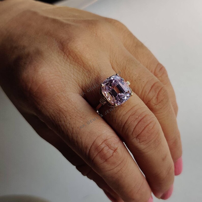 Natural Kunzite & Diamond Ring, 14K Solid Yellow Gold, February ...