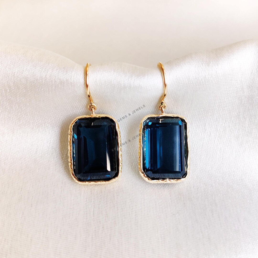 14k Solid Gold Natural London Blue Topaz Bezel Earrings, Octagon ...