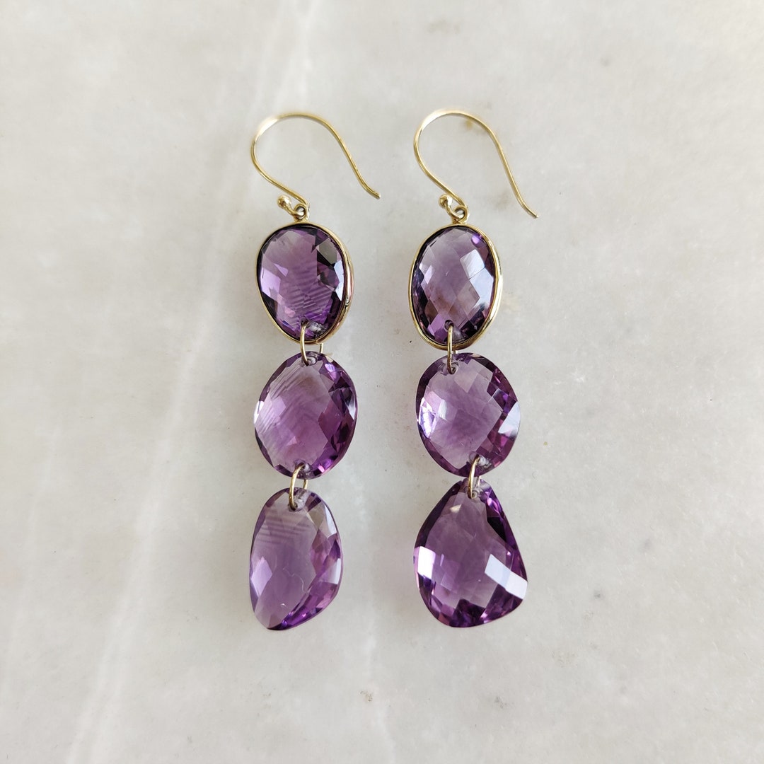14K Gold Purple Amethyst Earrings Natural Purple Amethyst - Etsy