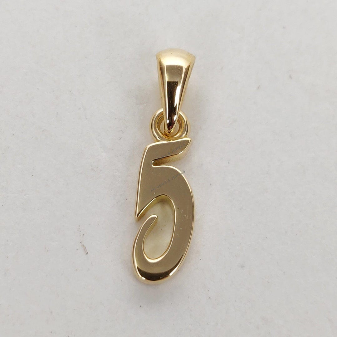 14K Solid Gold Charm Number 5 Pendant, 5 Number Pendant Necklace ...