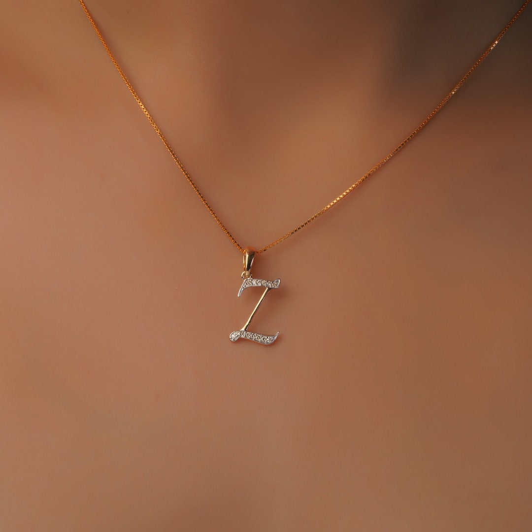 14K Gold Initial Z Pendant, Solid Yellow Gold Initial Z Charm Pendant ...