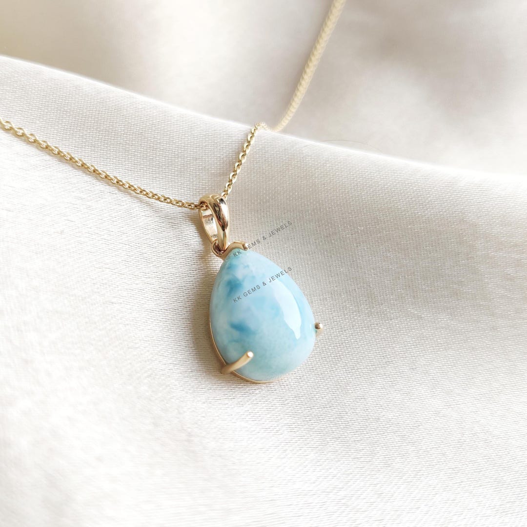 Natural Larimar 14K Solid Yellow Gold Prong Setting Pendant, March ...