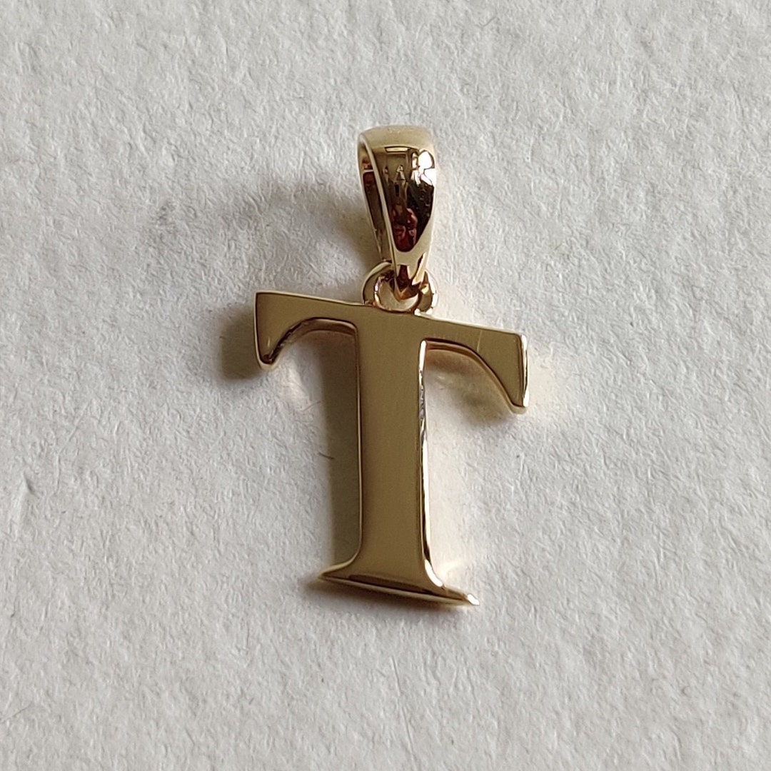14K Gold Initial T Pendant, Solid Yellow Gold Initial T Charm Pendant ...