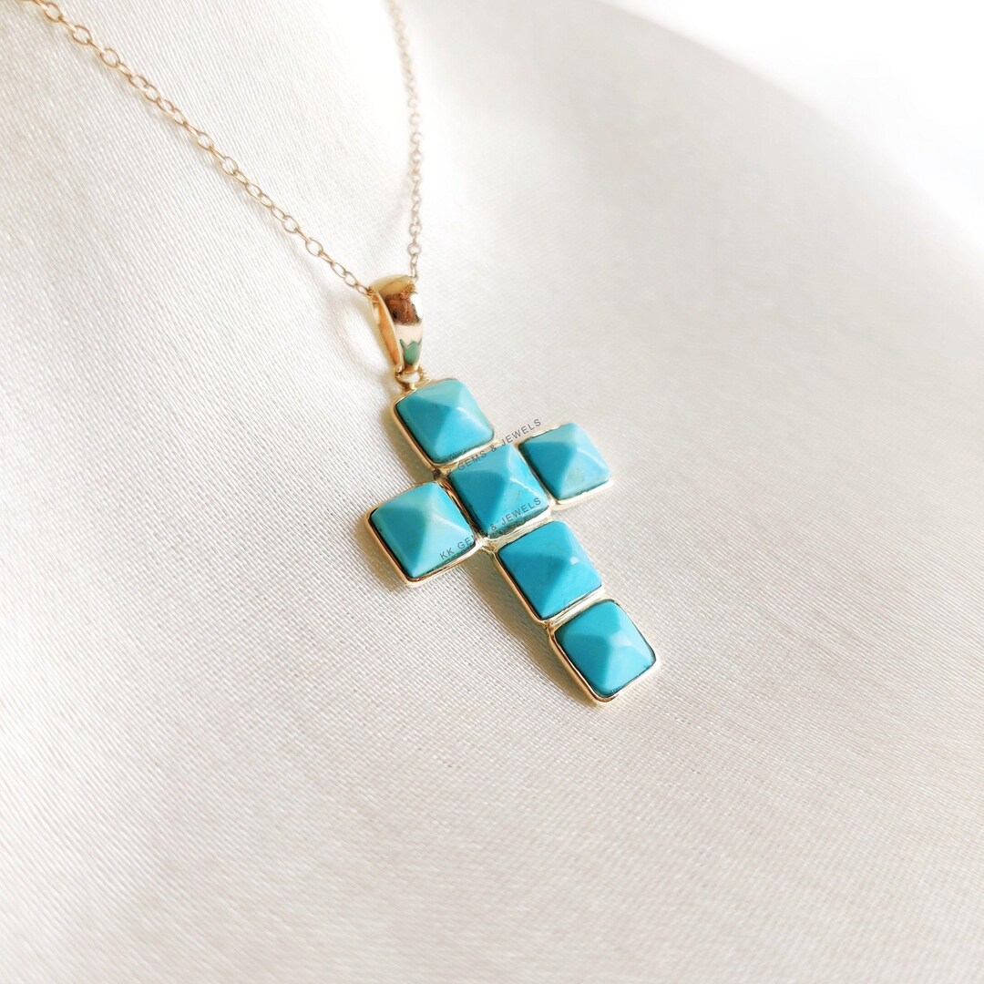 Natural Arizona Turquoise Cross Pendant, 14K Solid Gold Sleeping Beauty ...