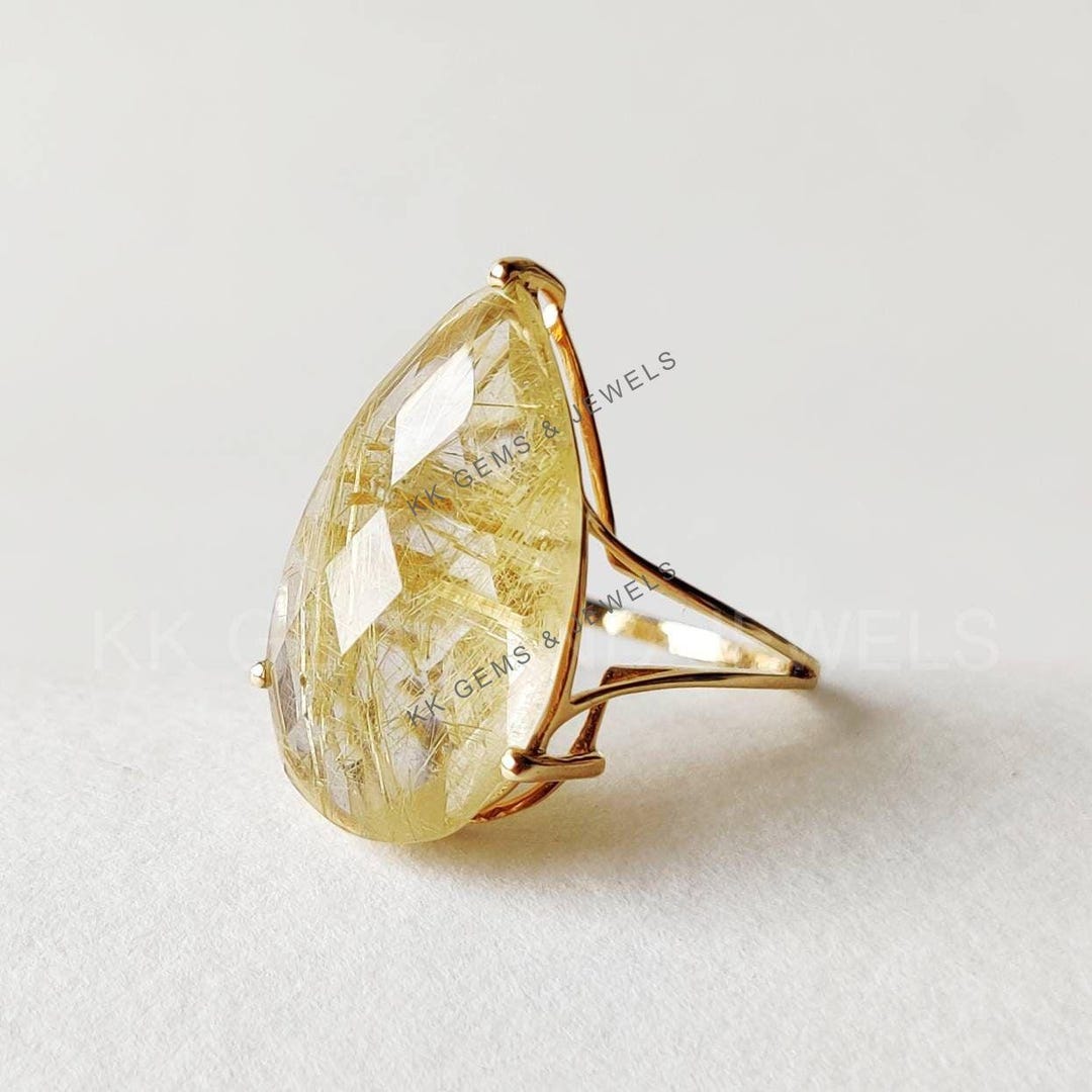 Pear Natural Golden Rutile 14K Solid Yellow Gold Ring, Golden Rutile ...