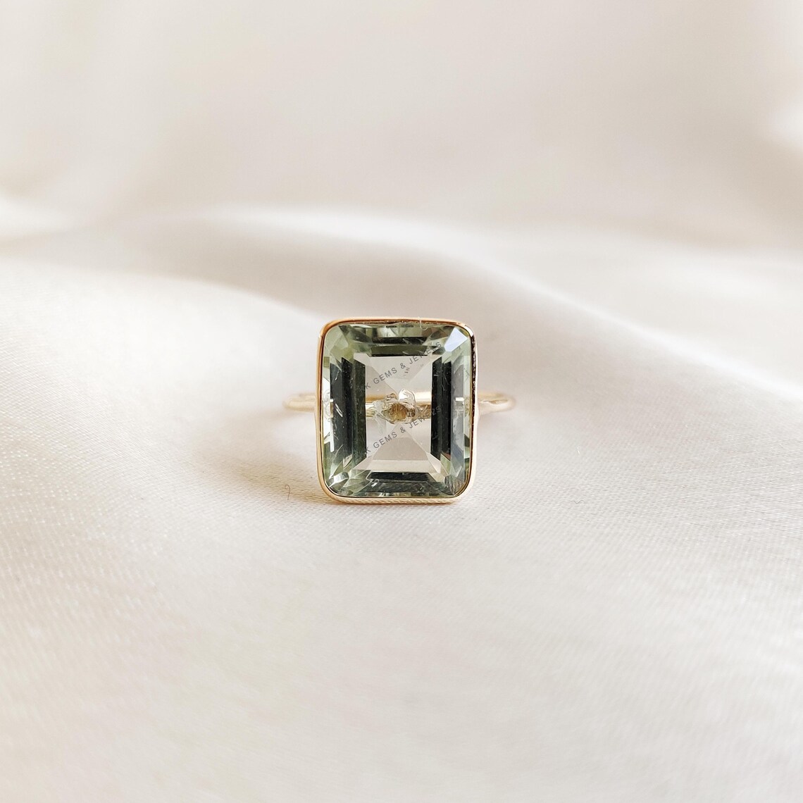 14K Solid Gold Natural Green Amethyst Ring: Octagon Bezel Ring ...