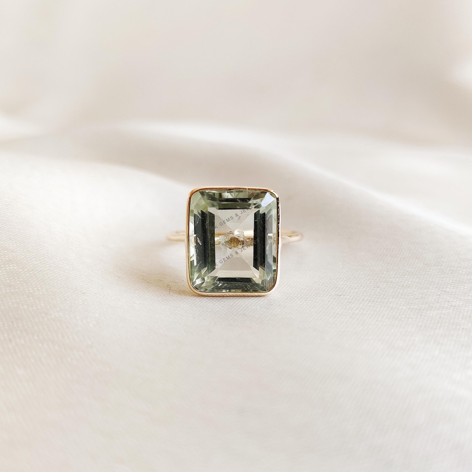 14K Solid Gold Natural Green Amethyst Ring: Octagon Bezel Ring ...