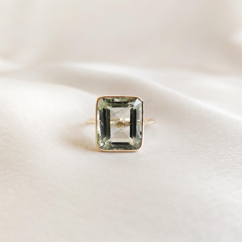 14K Solid Gold Natural Green Amethyst Ring: Octagon Bezel Ring ...