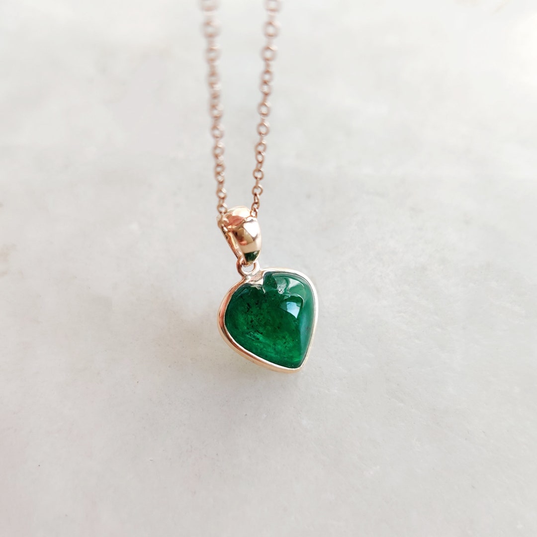 Natural Emerald Heart Pendant, 14K Solid Yellow Gold Pendant, Dainty ...