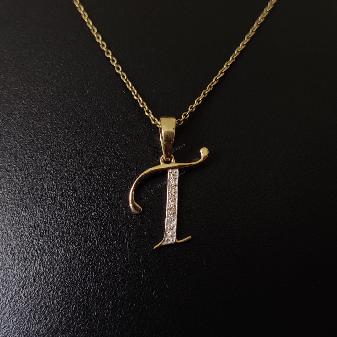 14K Gold Initial T Pendant, Solid Yellow Gold Initial T Charm Pendant ...