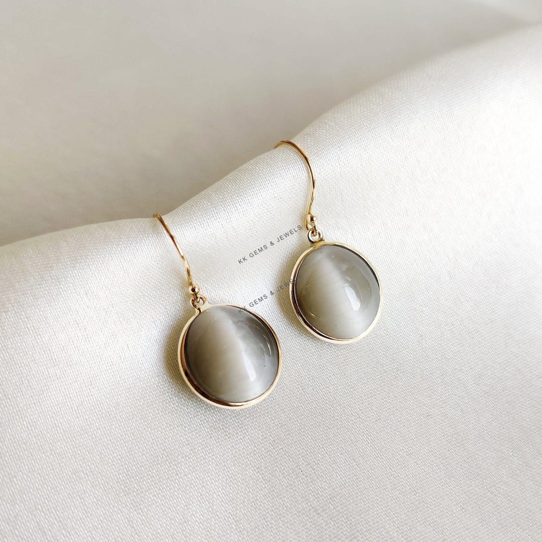 Natural Cat's Eye Gold Earring, 14K Solid Yellow Gold Cats Eye Earring ...