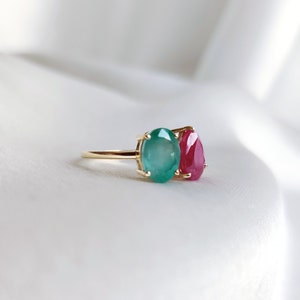 14K Gold Natural Ruby & Emerald Ring, Solid Yellow Gold Ring, July and May Birthstone Ring ...