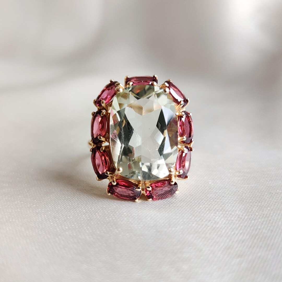 Natural Green Amethyst & Rhodolite Garnet Ring, 14K Solid Yellow Gold ...