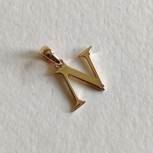 14K Gold Initial N Pendant, Solid Yellow Gold Initial N Charm Pendant ...
