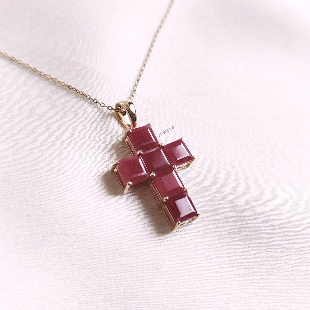 Natural Ruby Cross Pendant, 14K Solid Yellow Gold Ruby Pendant, July ...