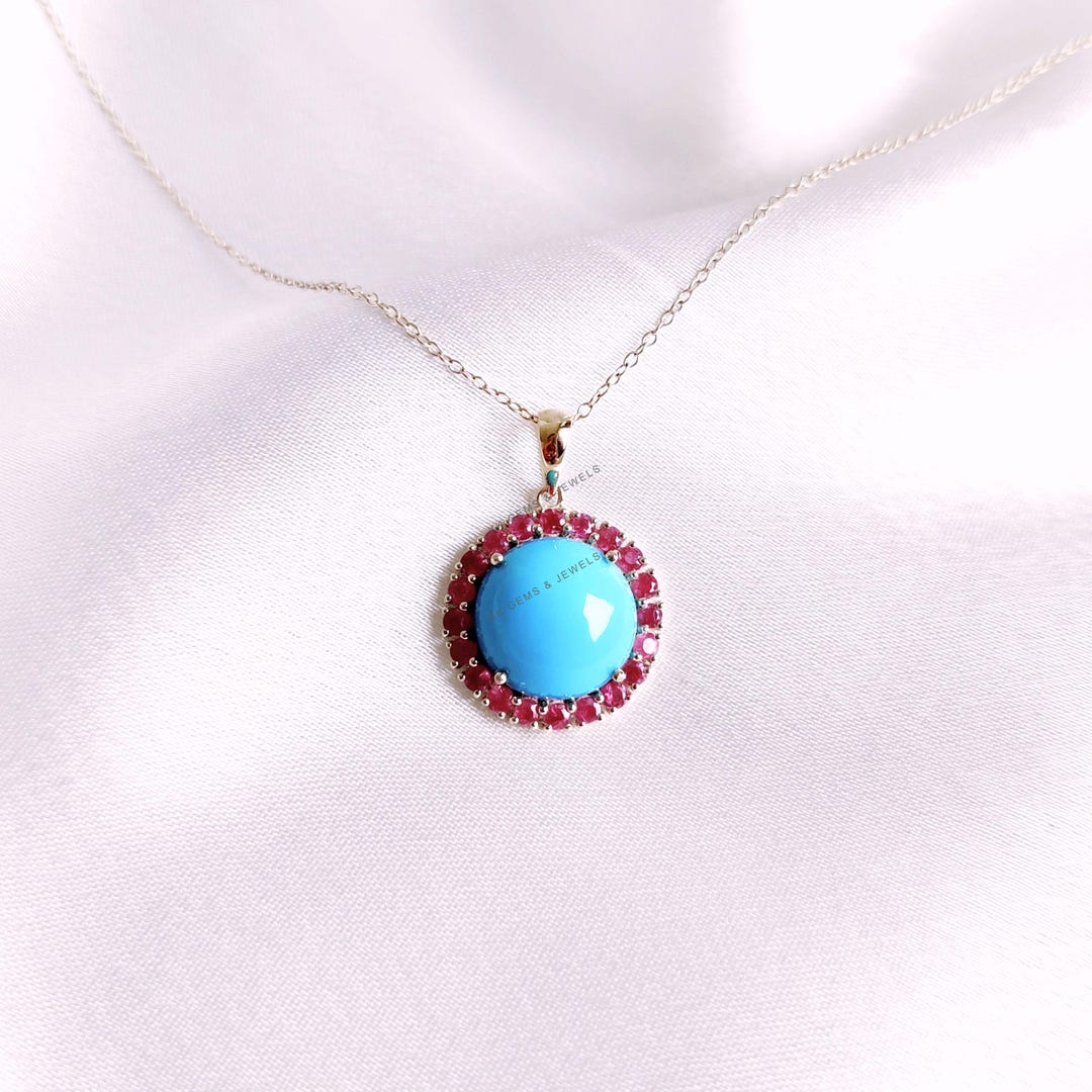Natural Turquoise & Ruby Pendant, 14K Solid Yellow Gold Pendant ...