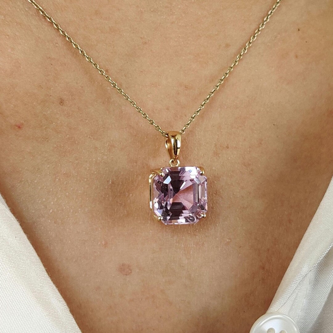 Natural Kunzite Pendant, 14K Solid Yellow Gold Kunzite Prong Pendant ...