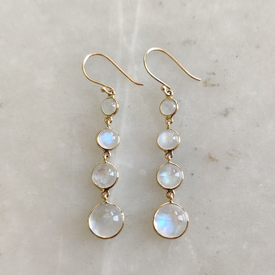 14K Gold Rainbow Moonstone Earring, Natural Rainbow Moonstone Bezel ...