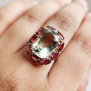 Natural Green Amethyst & Rhodolite Garnet Ring, 14K Solid Yellow Gold ...