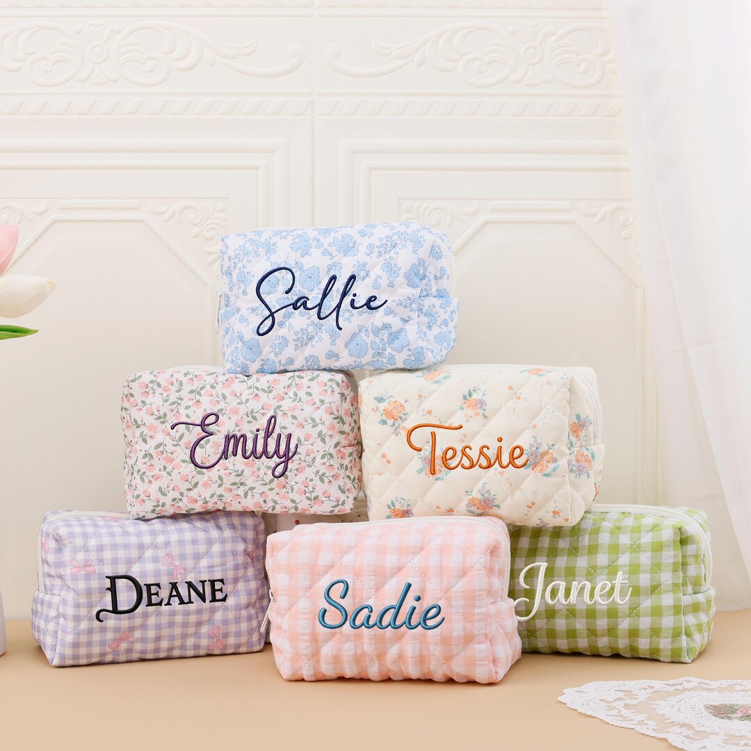 Personalized Embroidered Makeup Bag/ Floral Cosmetic Bag/ Custom Makeup ...