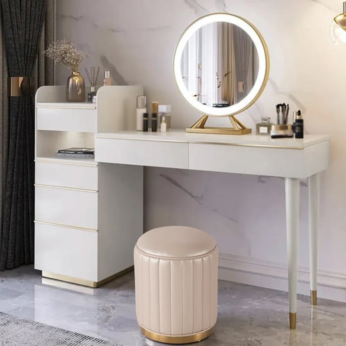 Included is an Off-white Makeup Vanity Set, Dressing Table, Cabinet ...