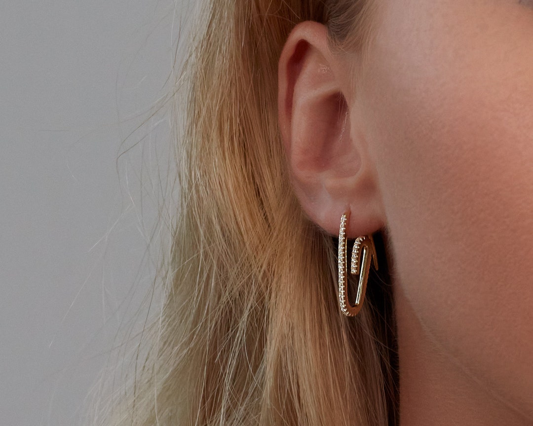 Paper Clip Earrings Paperclip Hoops Gold Clip Earrings Cz - Etsy