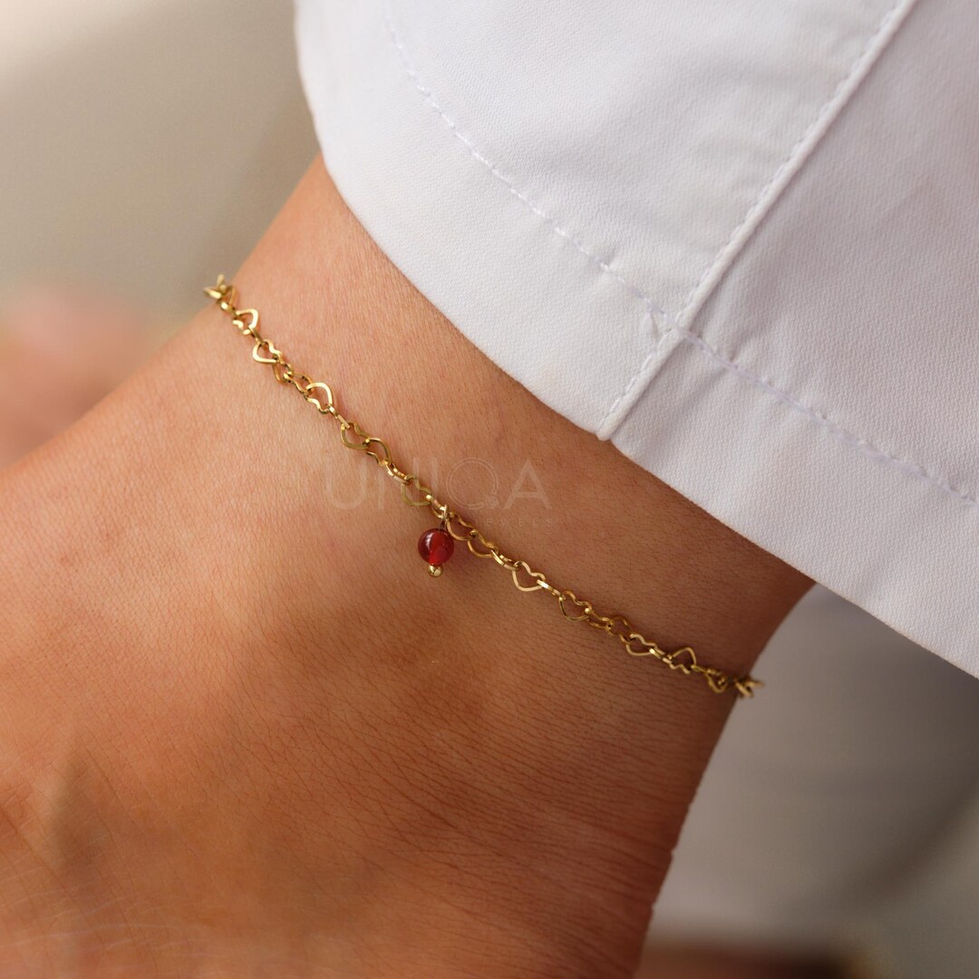 Gold Heart Chain Carnelian Anklet: July Birthstone, Dainty Summer ...