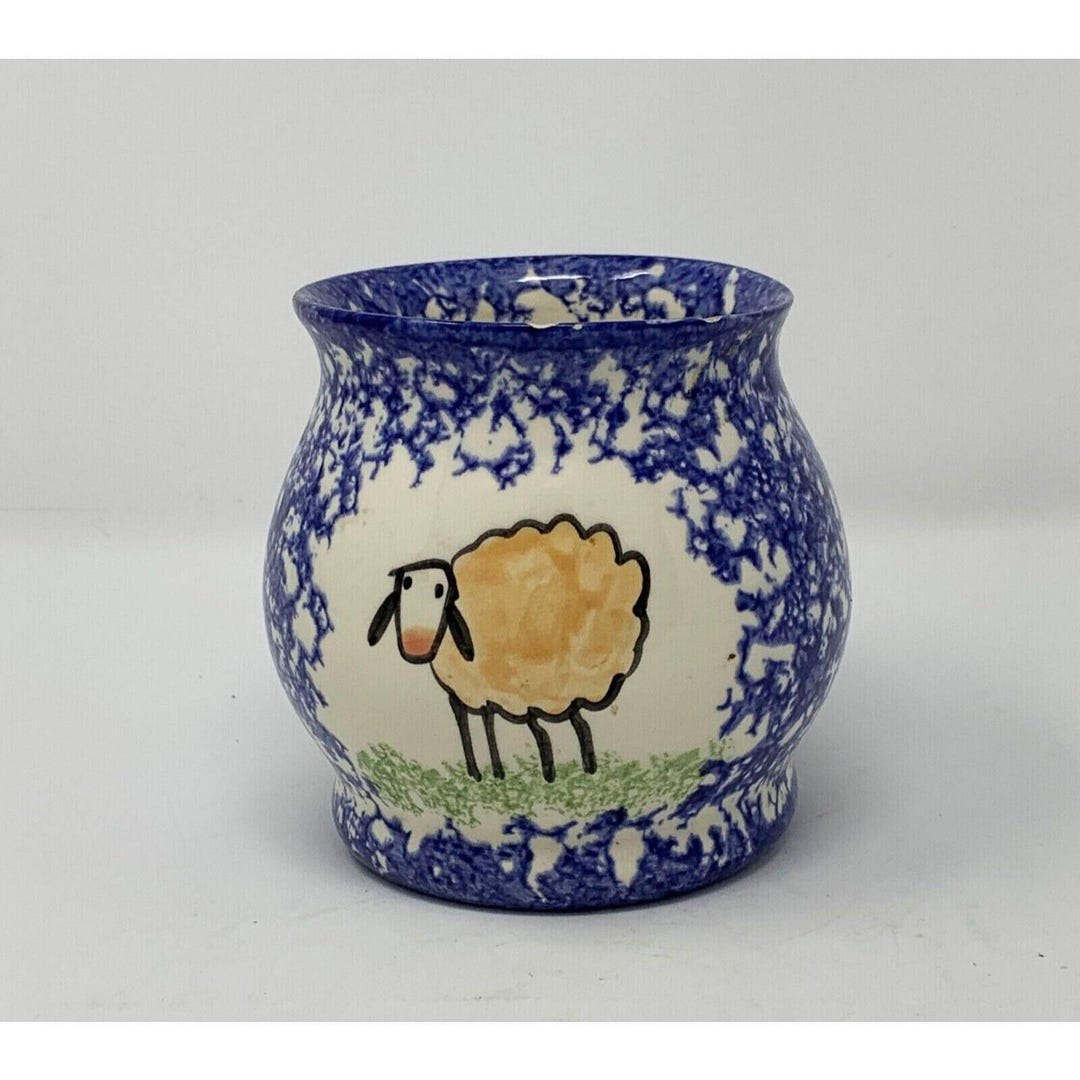 MOLLY DALLAS Open SUGAR Bowl, Molly's Cows, Sheep, Blue, Spatterware ...