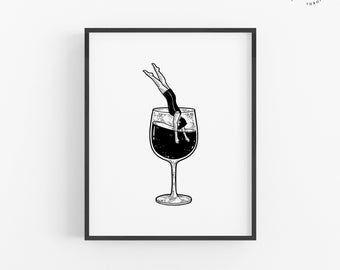 Retro Wine Print, Fine Line Wine Art, Bar Cart Prints, Kitchen Art ...