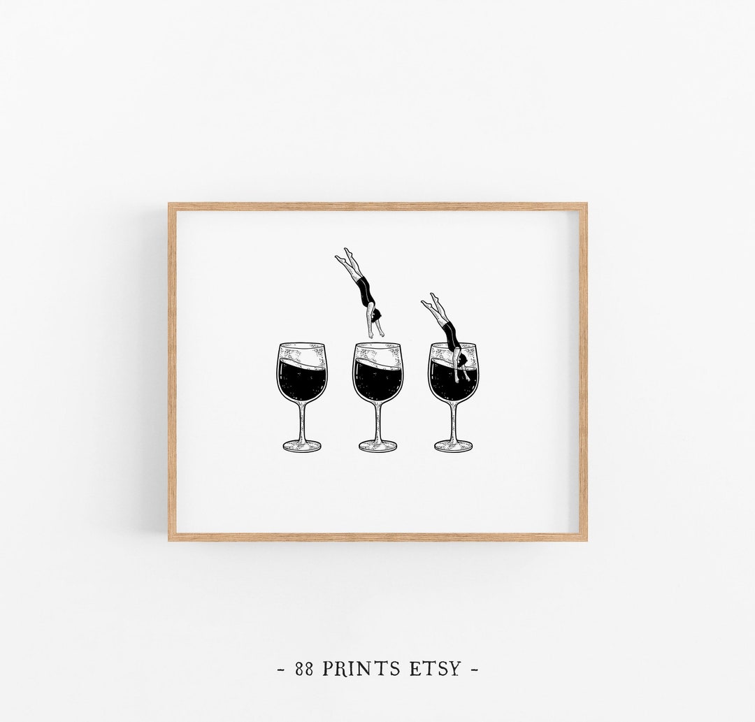 Wine Dive Print Fine Line Wine Art Bar Cart Prints Kitchen - Etsy